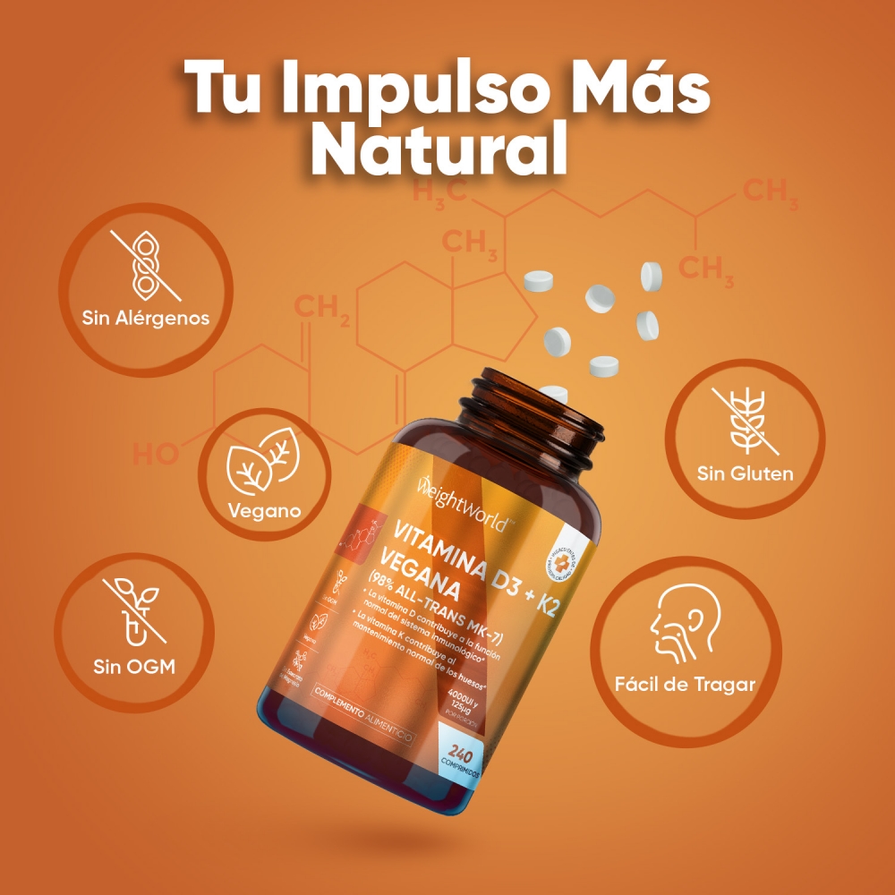 Vitamina D3 y K2 Vegana (4000 UI y 125 mcg) - 240 comprimidos